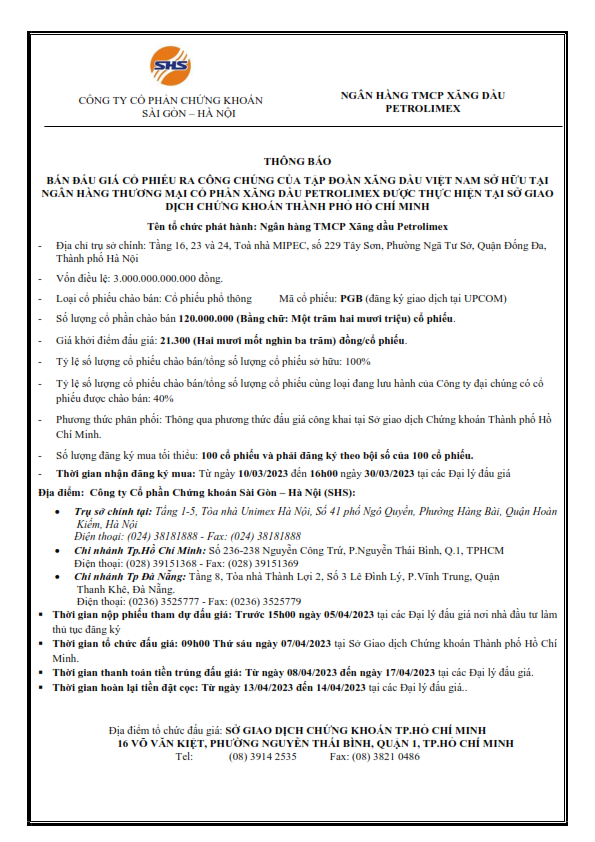 Thông báo bán đấu giá cổ phiếu ra công chúng của tập đoàn xăng dầu Việt Nam sở hữu tại Ngân hàng ...